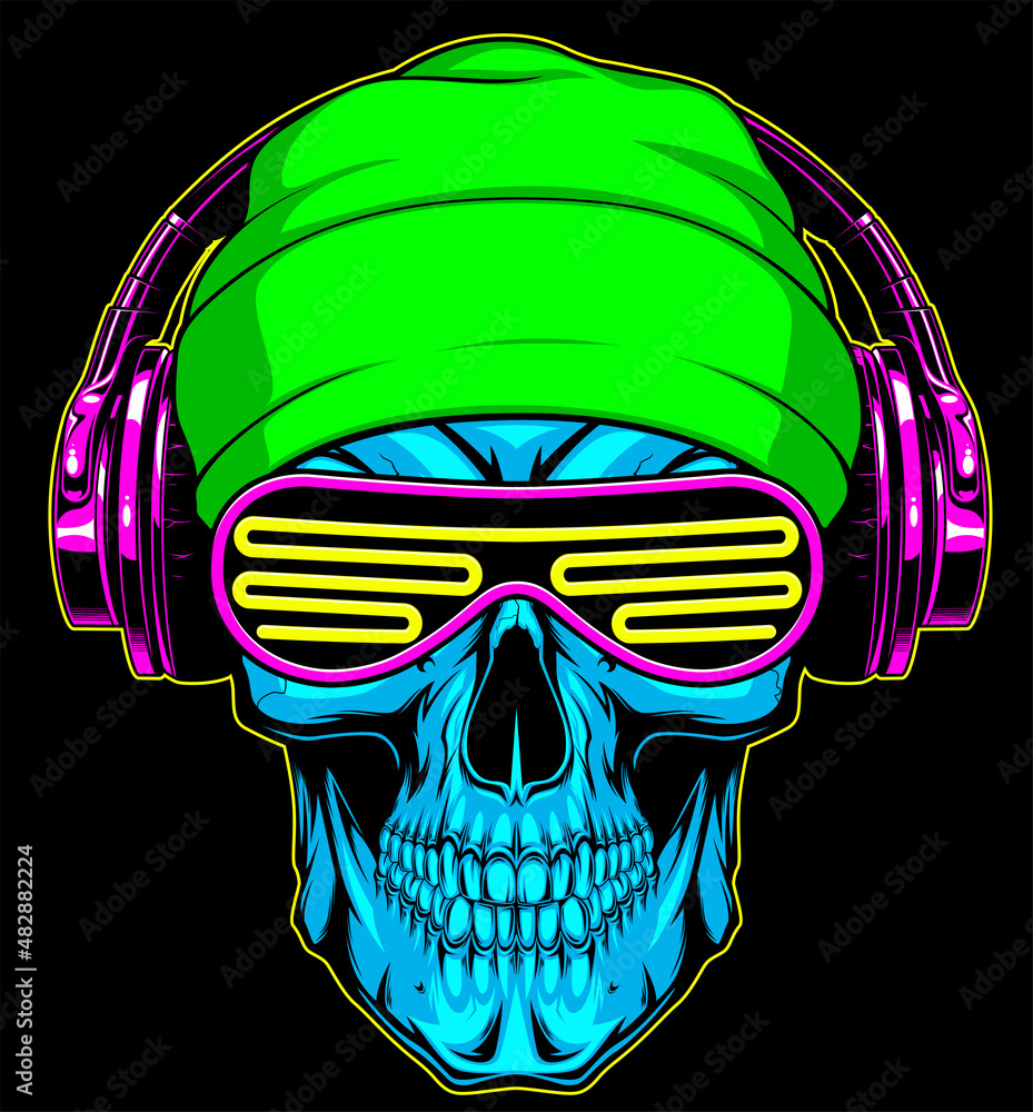 Vector illustration, a human skull in a cap and headphones Stock Vector ...