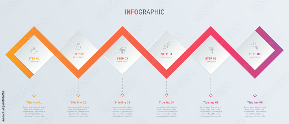 Red timeline infographic design vector. 6 options, square workflow ...