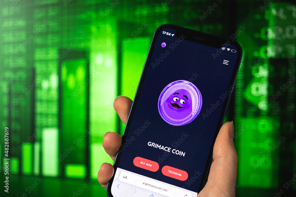 Grimace coin green stock chart up. New crypto token, Tesla Elon Mask ...