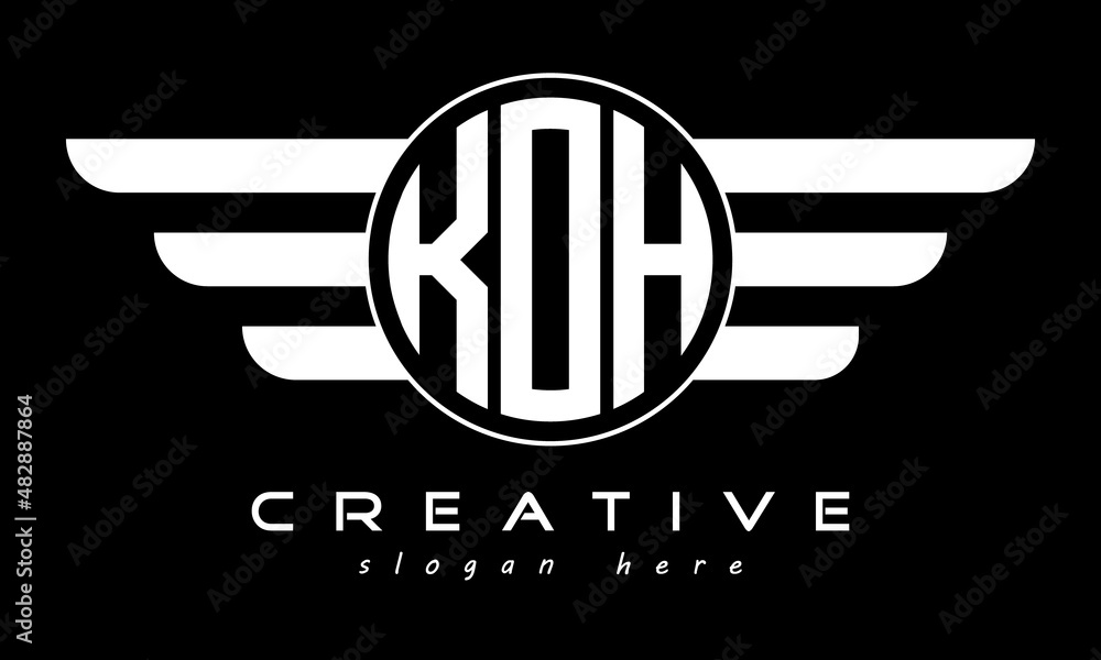 KOH three letter monogram type circle letter logo with wings vector ...