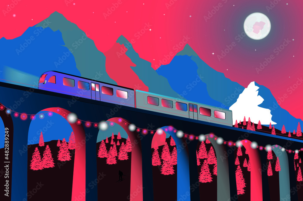 Beautiful starry night train,nature landscape with christmas,new year ...
