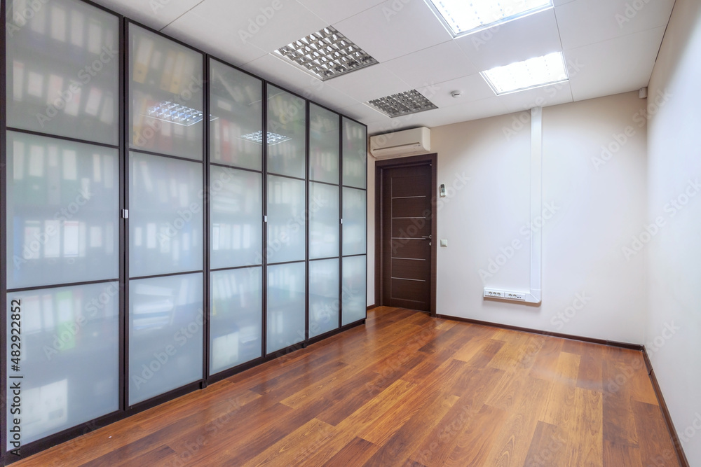 White clean empty modern office interior design with glass cabinet wall ...