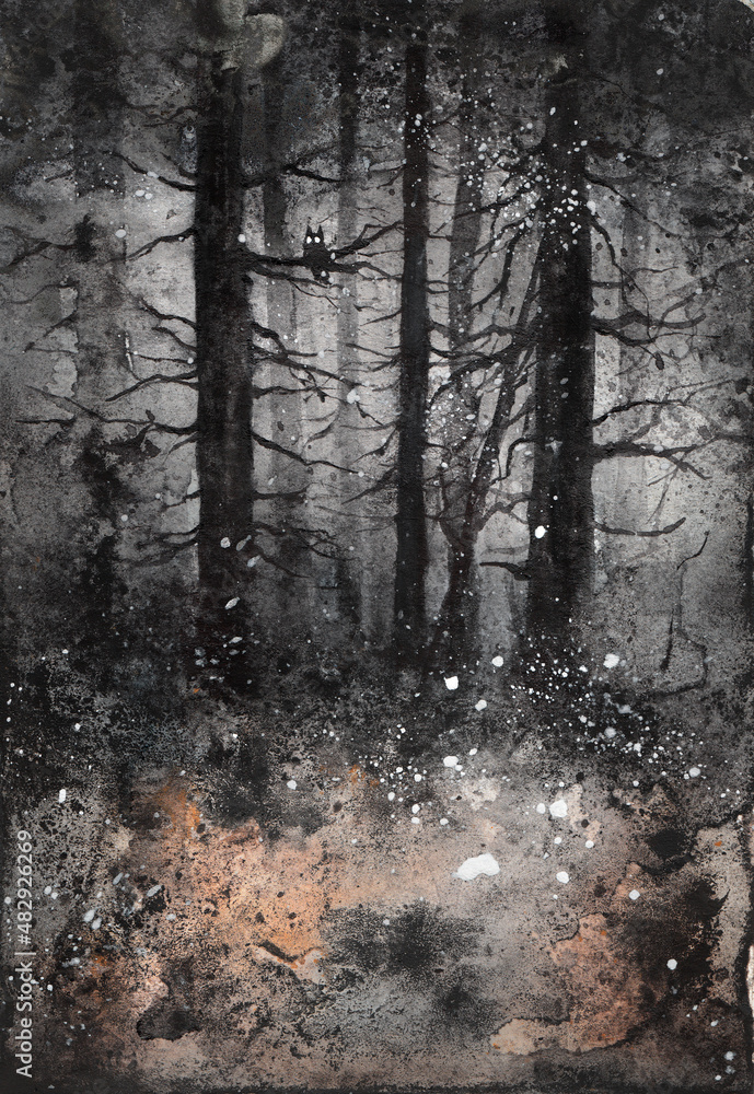 Scary black deep dark forest. Creepy horror watercolor art Stock ...