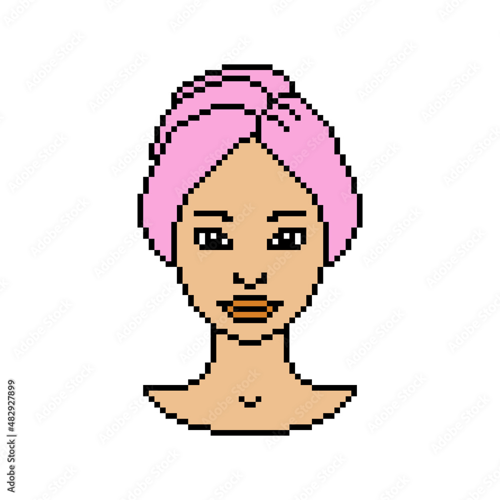 Pixel art portrait of asian woman in a pink head towel after a shower ...