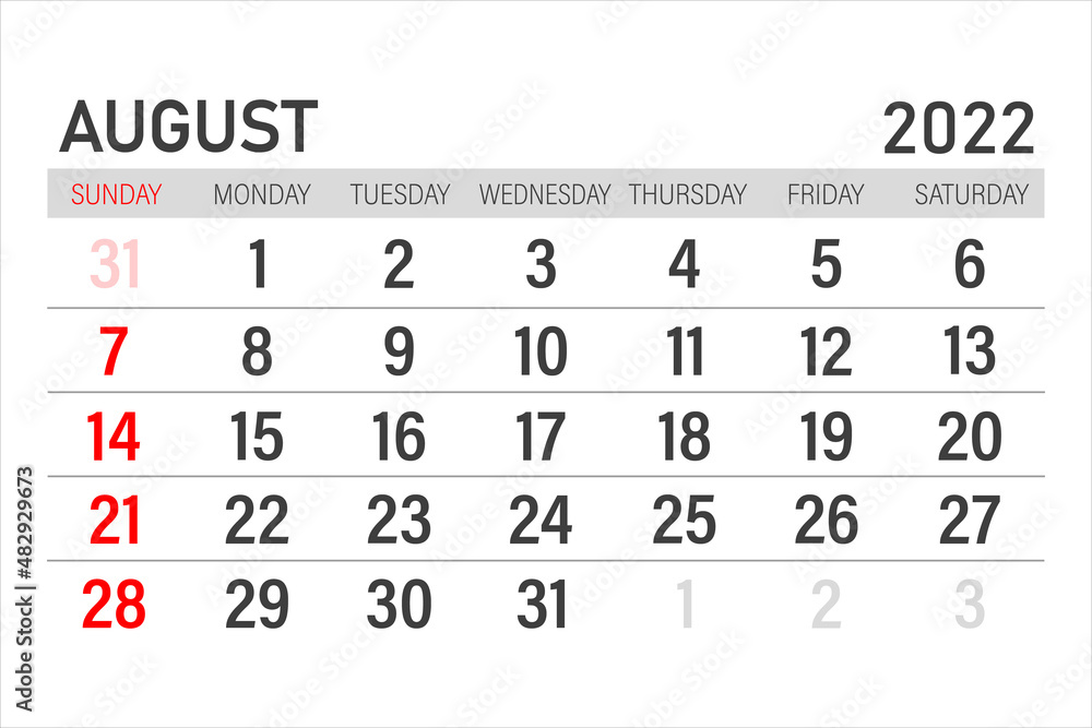 August 2022 calendar. Vector illustration of a calendar for august 2022 ...