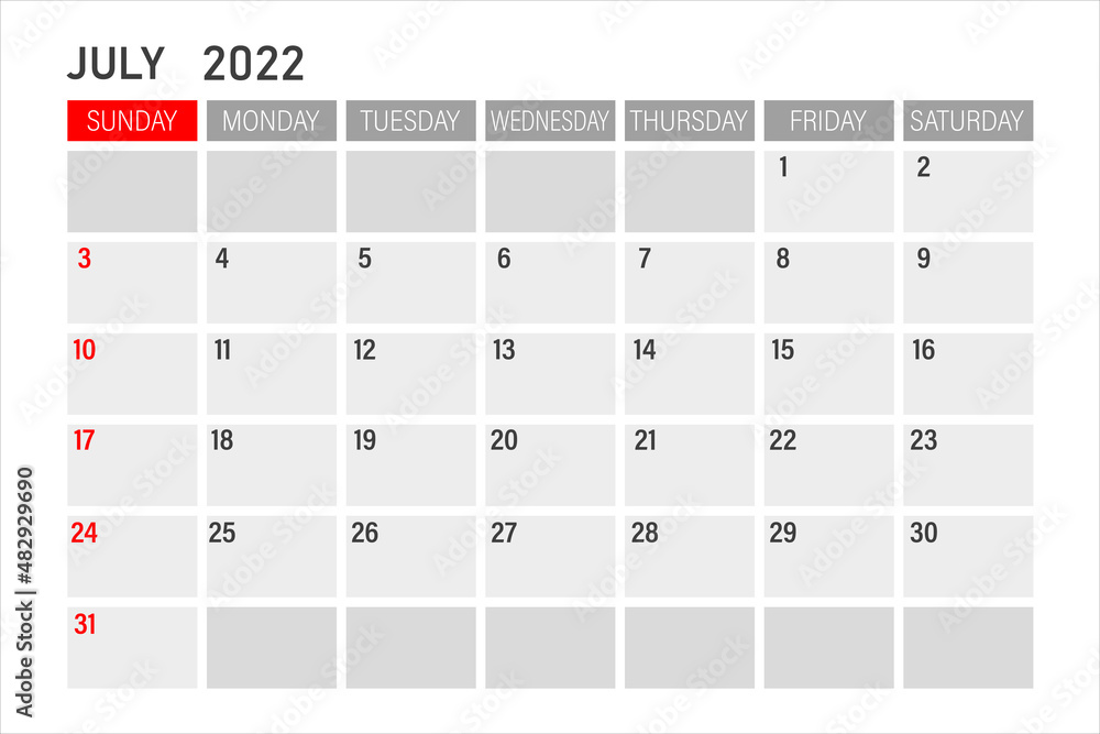 July 2022 calendar. Vector illustration of a calendar for July 2022 ...