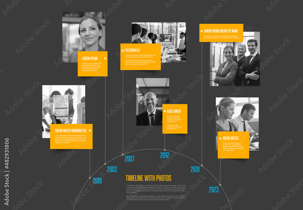 Simple Dark Minimalistic Circle Photo Timeline Layout with Orange ...