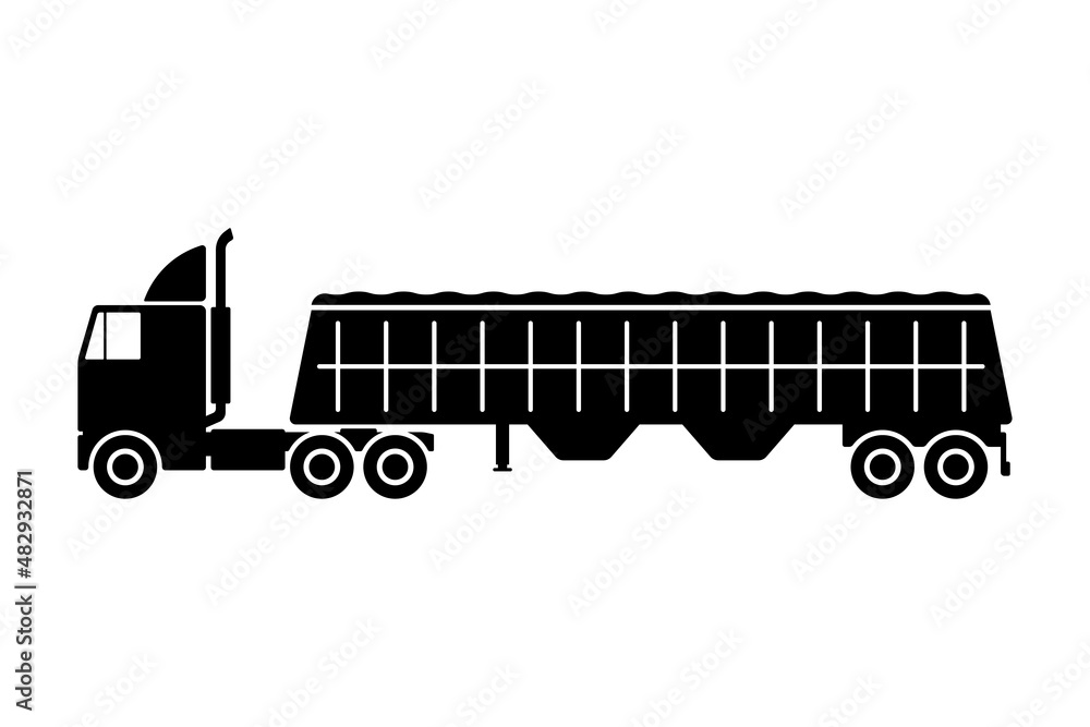 Grain truck icon. Tractor with semi-trailer. Black silhouette. Side ...