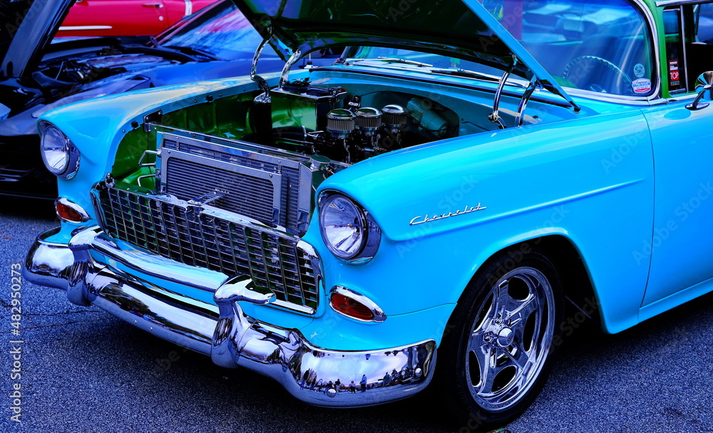 Custom Engine in Classic Baby Blue Chevy Stock Photo | Adobe Stock