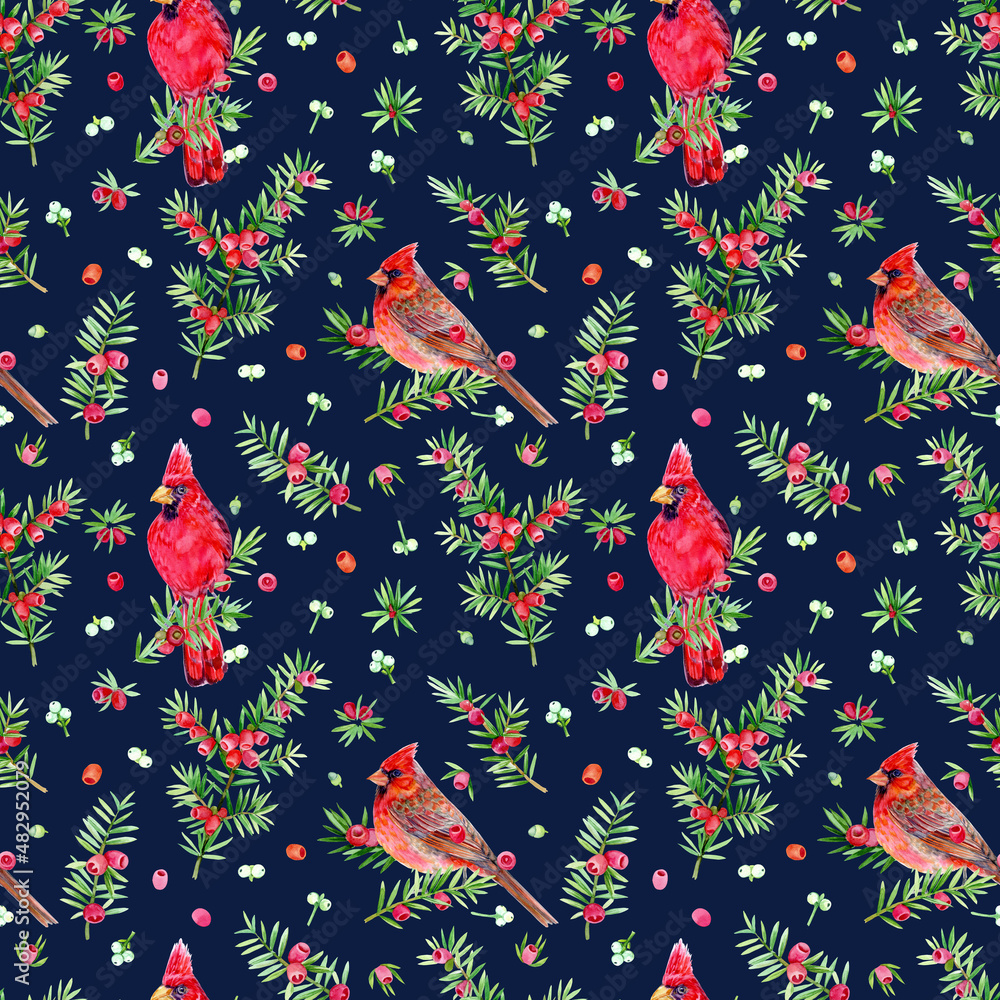 Watercolor seamless pattern with a red cardinal bird, yew branches and ...