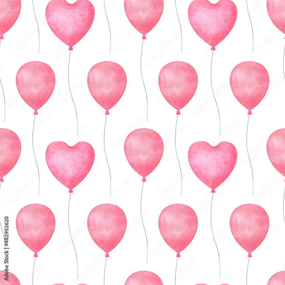 seamless pattern with pink balloons. Watercolor balloons on a white ...