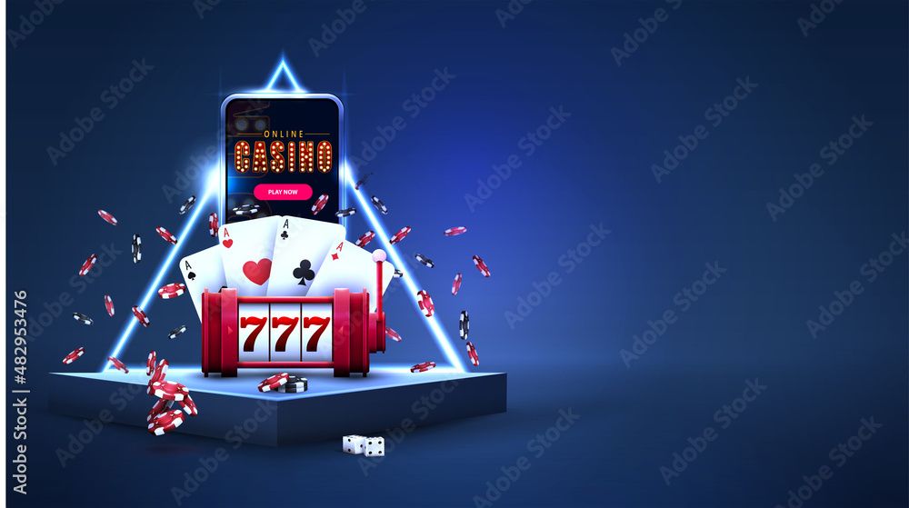 Blue triangular podiums with smartphone, red slot machine, poker chips ...