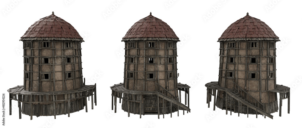 Rounded medieval tower building with wooden frame and steps. 3D ...
