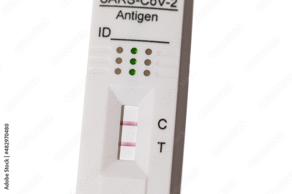 Detail of an antigen test with two red lines, giving a positive result ...