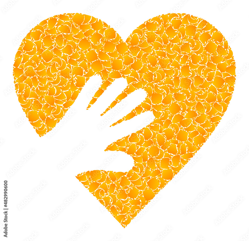 Vector gold hand touch heart mosaic icon. Hand touch heart is isolated ...