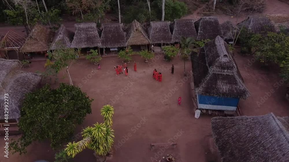 Tribe of aboriginal indigenous on their native shacks in Oxapampa, Peru ...