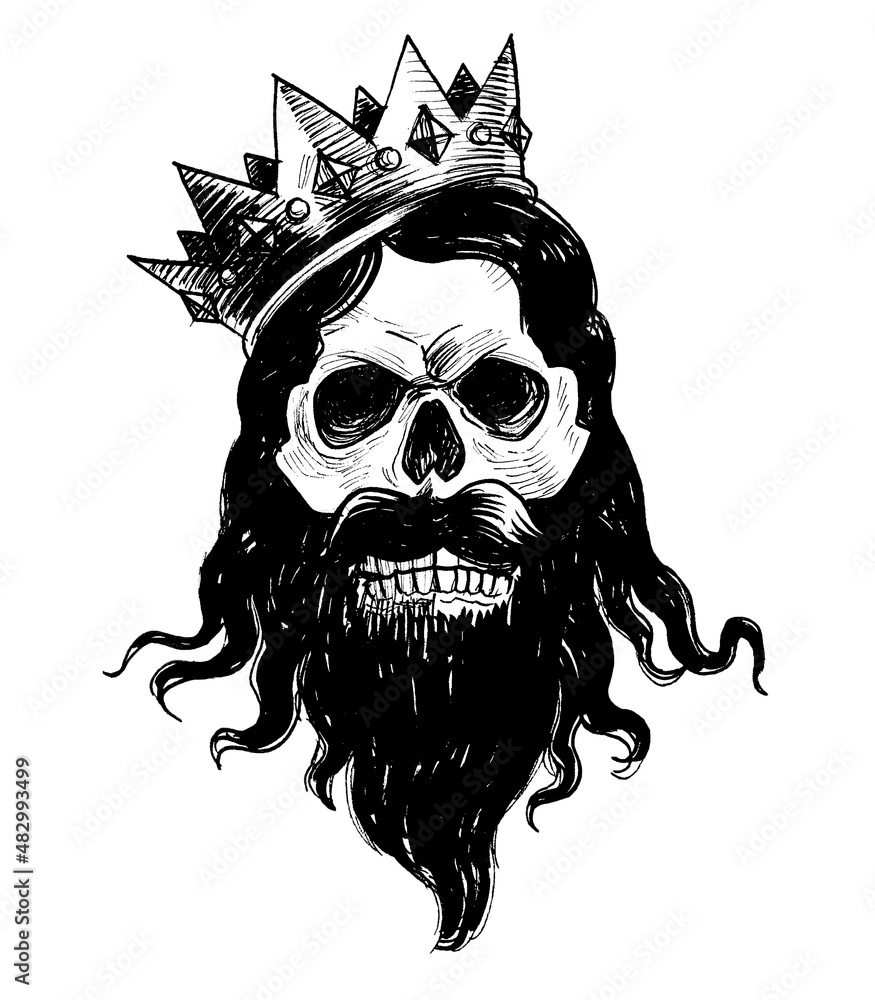 Dead king skull in crown. Ink black and white drawing Stock ...