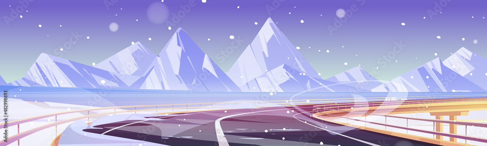 Car overpass road, frozen lake, snow and mountains on horizon. Vector ...