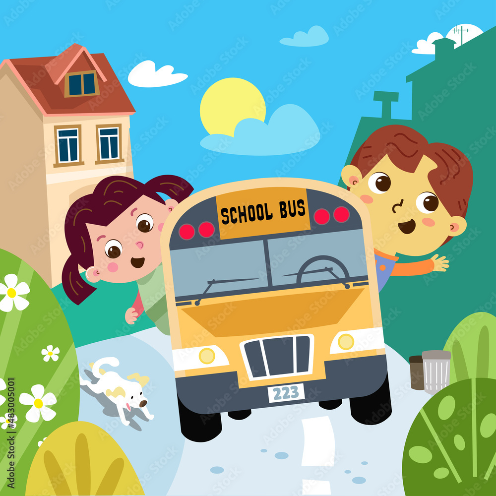 Cute kids ride on school bus. Characters in cartoon style with ...