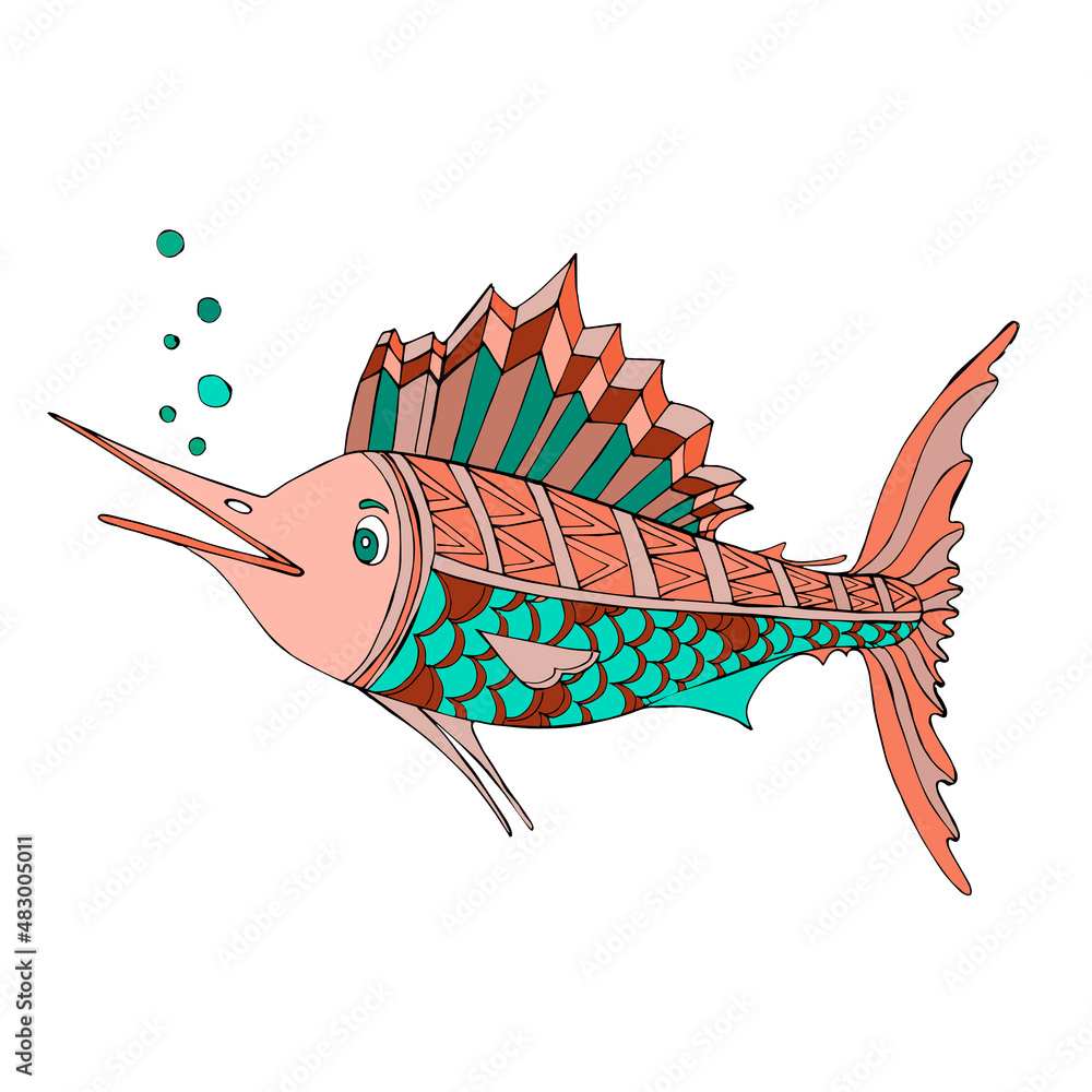 Marlin fish. Vector illustration of sea animals. Coloring book ...