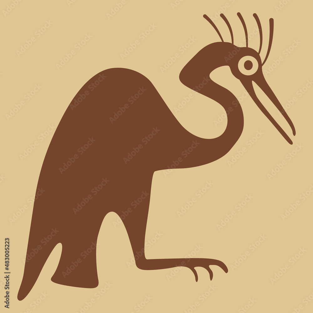 Stylized heron bird. Monochrome silhouette. Native American pottery ...