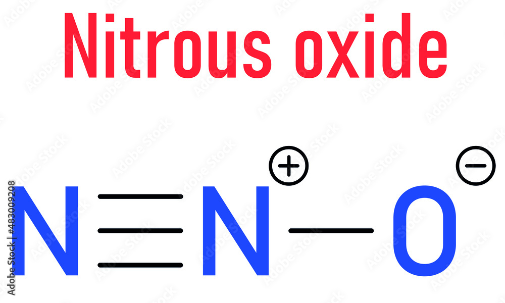 Nitrous oxide or NOS, laughing gas, N2O molecule. Used in surgery as ...
