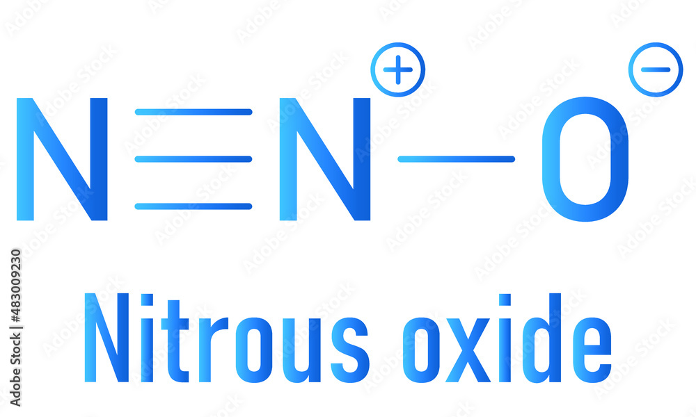 Nitrous oxide or NOS, laughing gas, N2O molecule. Used in surgery as ...