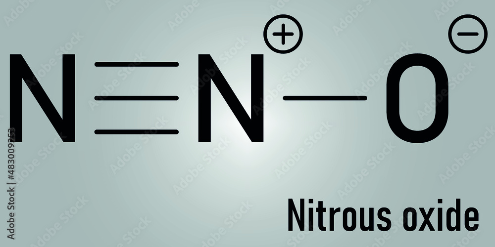 Nitrous oxide or NOS, laughing gas, N2O molecule. Used in surgery as ...