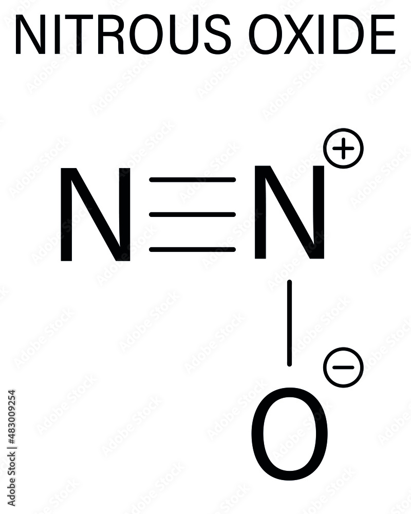 Nitrous oxide or NOS, laughing gas, N2O molecule. Used in surgery as ...