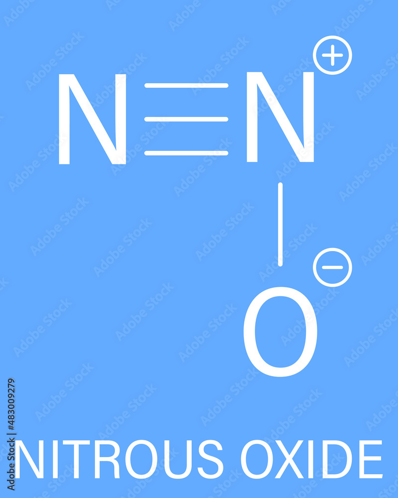 Nitrous oxide or NOS, laughing gas, N2O molecule. Used in surgery as ...