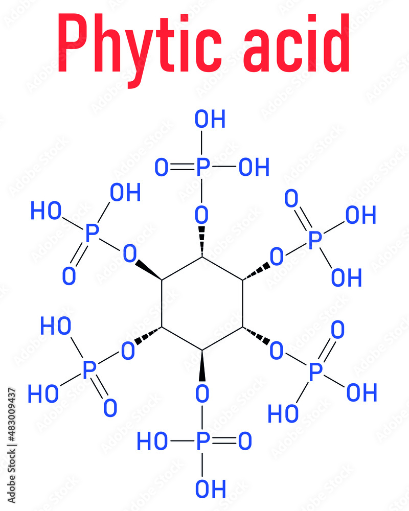 Phytic acid or hexakisphosphate, IP6, phytate molecule. Present in ...