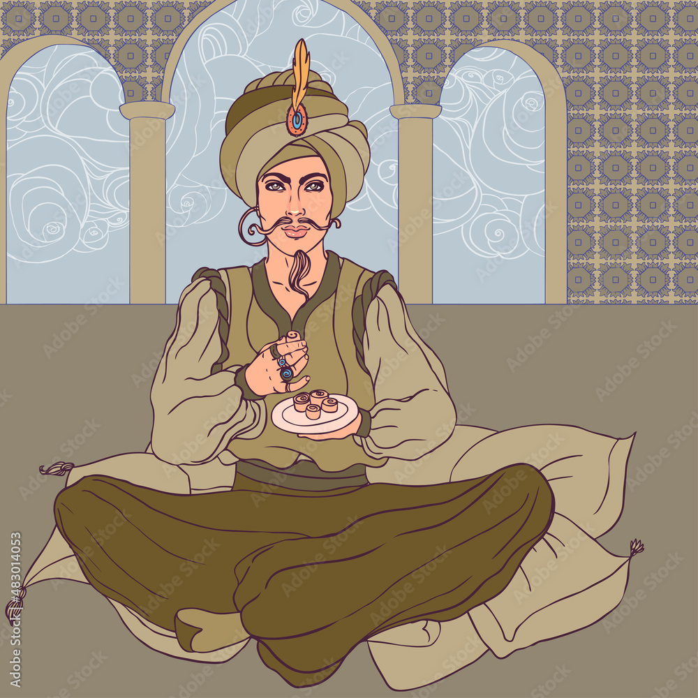 Fairy tale sultan: Arab men in oriental costume enjoying east sweets ...