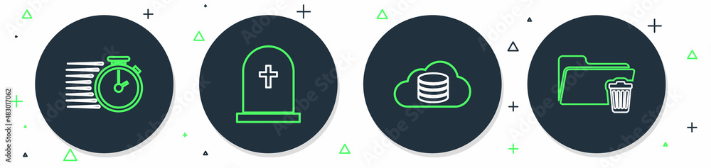 Set line Tombstone with cross, Cloud database, Stopwatch and Delete ...