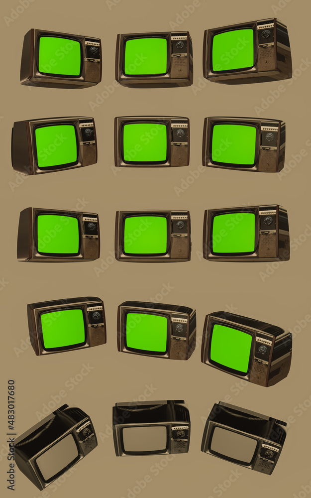 Set of 3d old retro vintage tv model renderd from different angles for ...