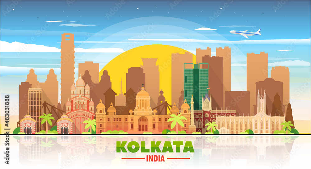 Kolkata ( Calcutta ) India skyline with panorama in white background ...