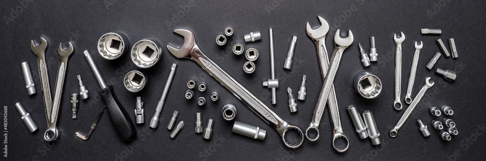 Tool set on black background. Mechanic tools, wrenches or spanners ...