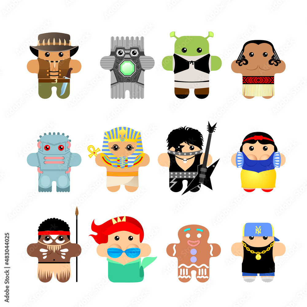 Set of funny cartoon characters: robot, ogre, Maori warrior, pharaoh ...