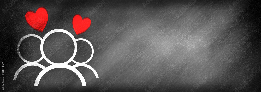 Two hearts above three people drawn on a blackboard background ...