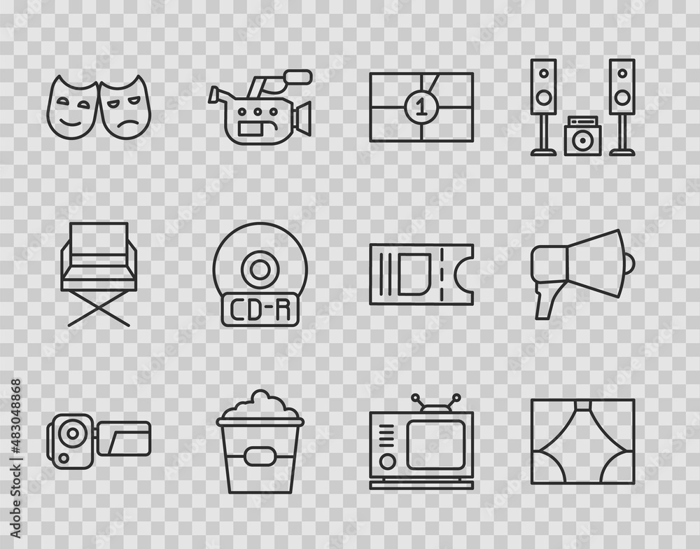 Set line Cinema camera, Curtain, Old film movie countdown frame ...