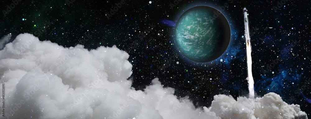 Spaceship in deep space. View on space shuttle and milky way. Elements ...