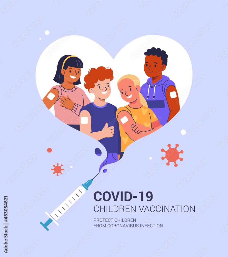 Children's COVID-19 vaccination poster template. Vector cartoon ...