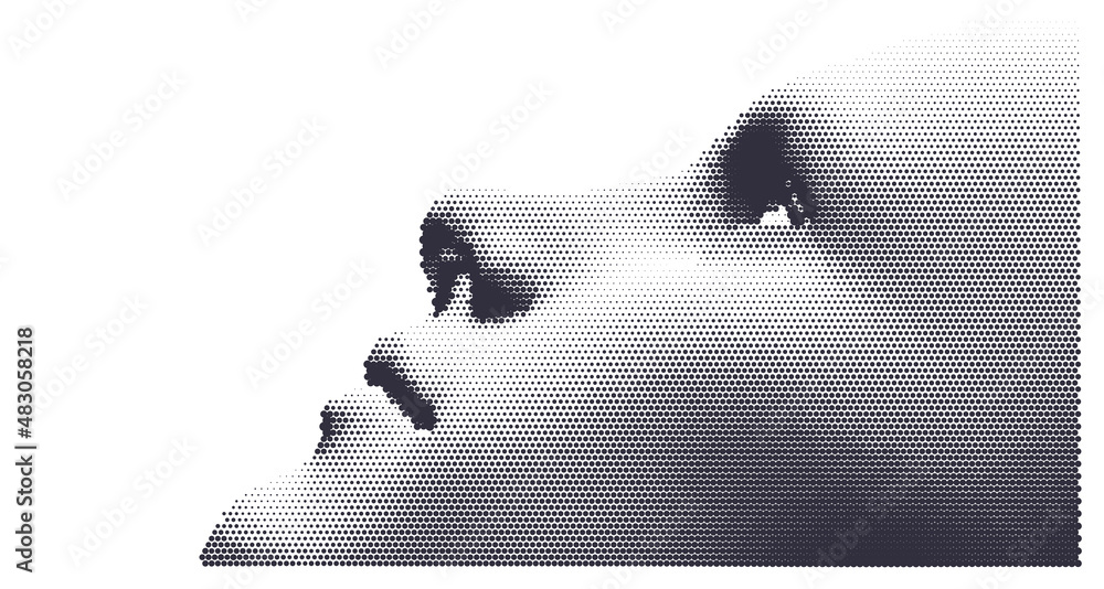 Illustration of an man's face created from small particle. Pixel art ...