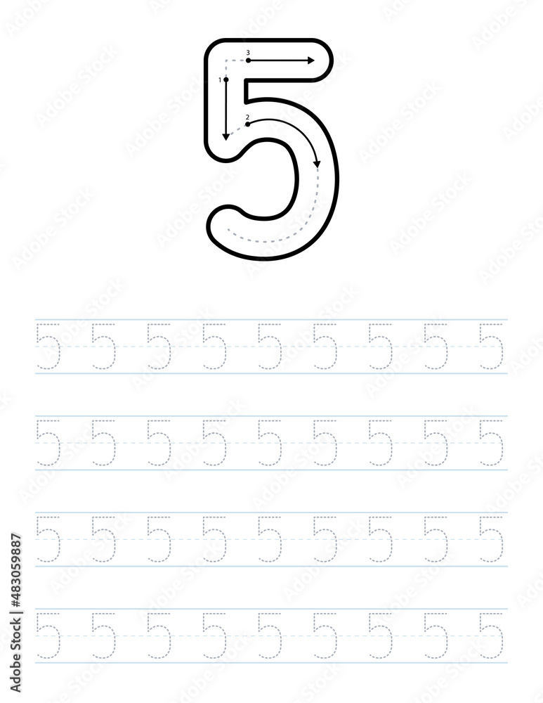 Trace number 5 worksheet for kids and preschool with tracing guide ...
