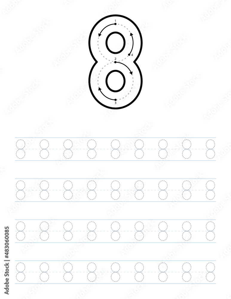 Trace number 8 worksheet for kids and preschool with tracing guide ...