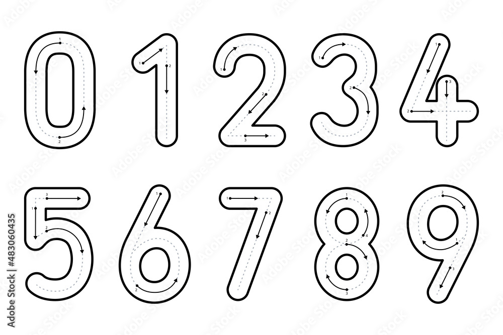 Tracing Numbers 0 To 9 For Kids With Tracing Guide Stock Vector Adobe