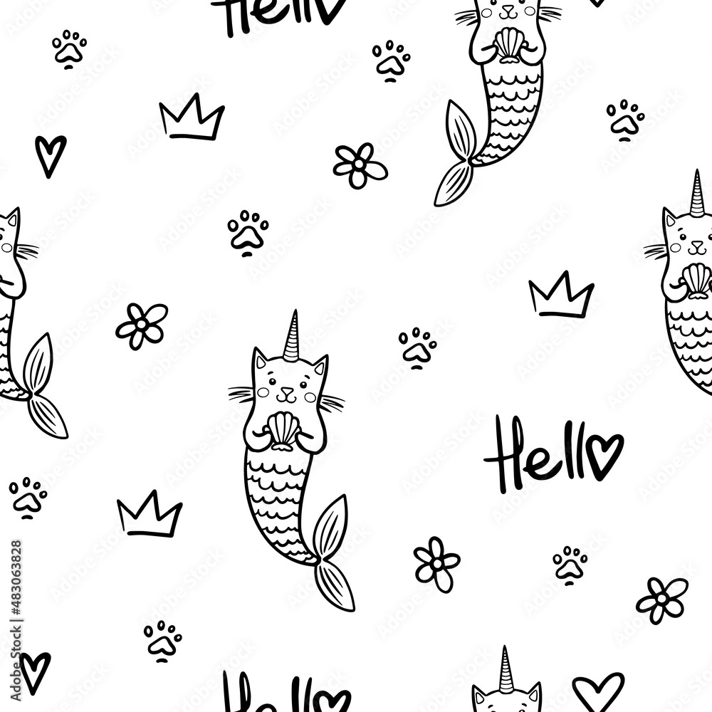 Funny doodle mermaid cat seamless pattern.Cat mermaid unicorn, crown ...