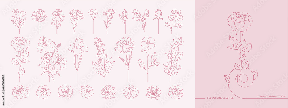 Floral branch and minimalist flowers for logo or tattoo. Hand drawn ...