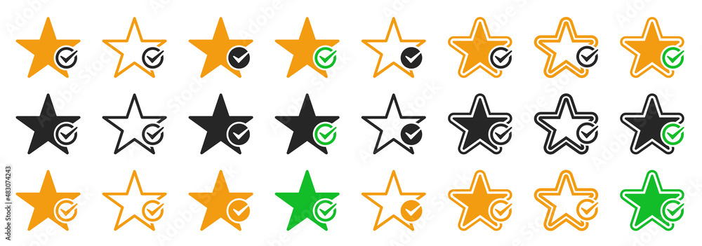Set of star favorite icons with confirmation checkmark. Star and tick ...