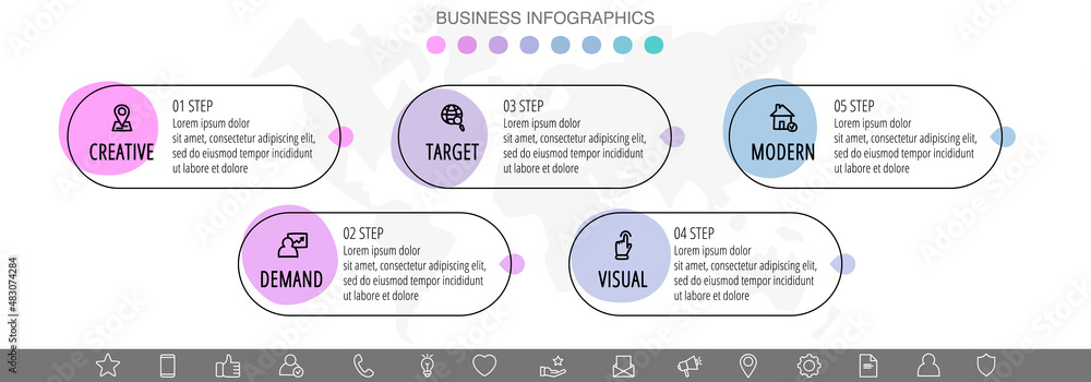 Vector hand-drawn infographics with 5 circles and labels. Modern ...