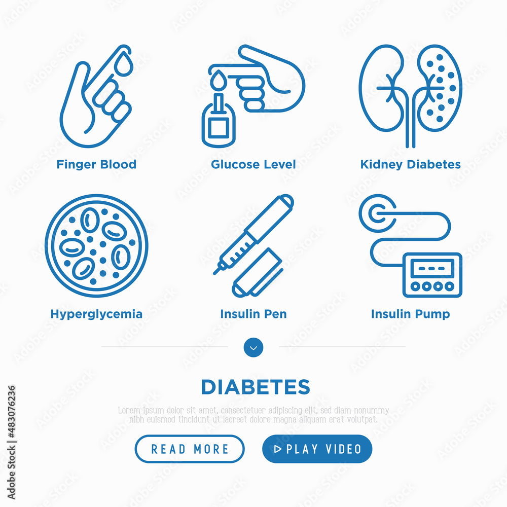 Diabetes thin line icons set: blood test, glucometer, glucose level ...